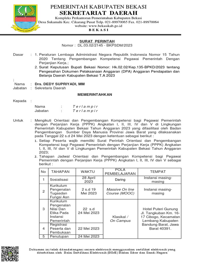 Surat Perintah Mengikuti Orientasi PPPK Angkatan I-V TA.2023 | PDF