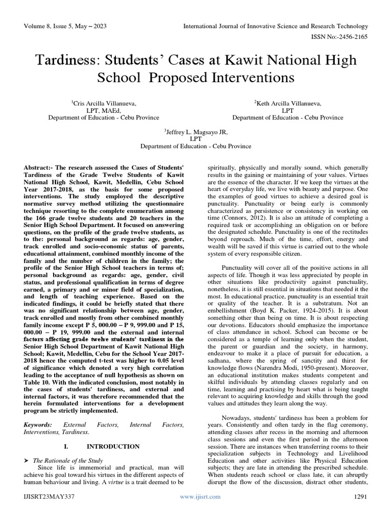 Tardiness Students' Cases at Kawit National High School Proposed ...
