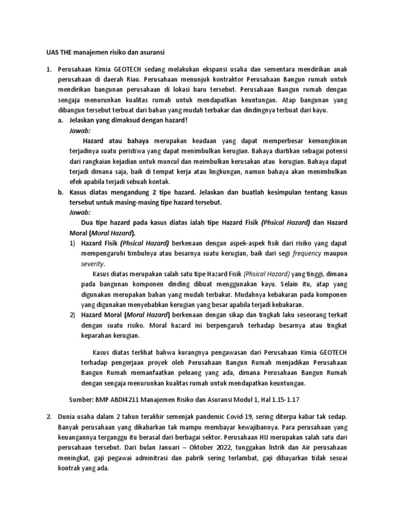 UAS THE Manajemen Risiko Dan Asuransi | PDF