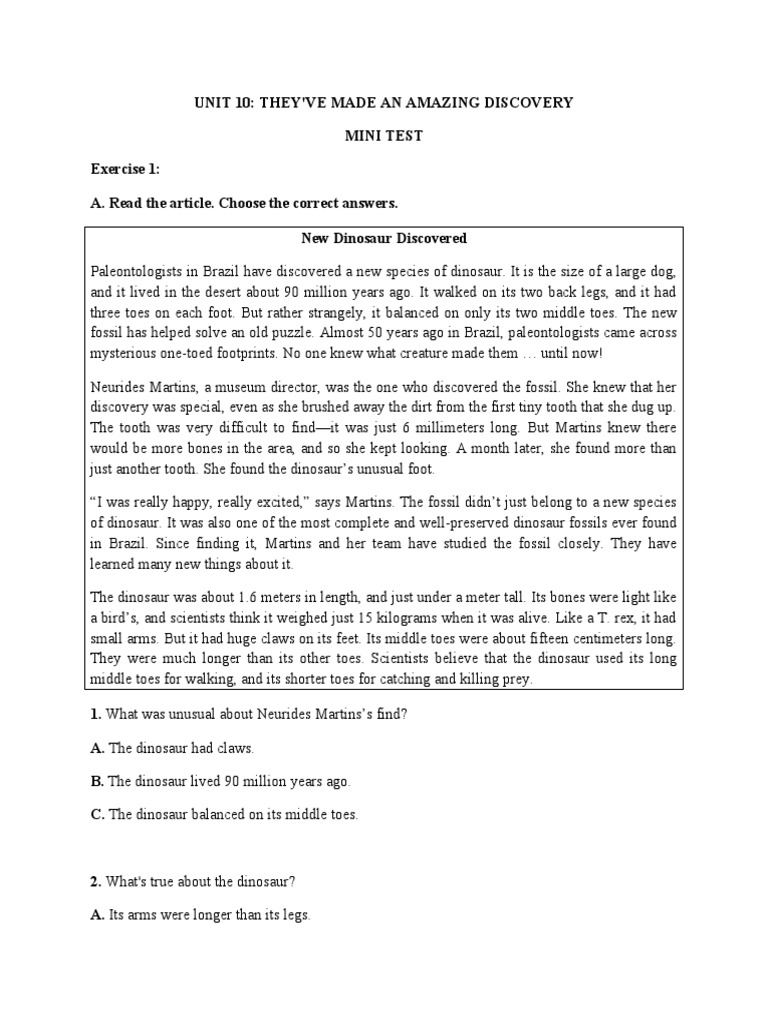 Unit 10 - Mini Test | PDF | Dinosaurs | Tyrannosaurus
