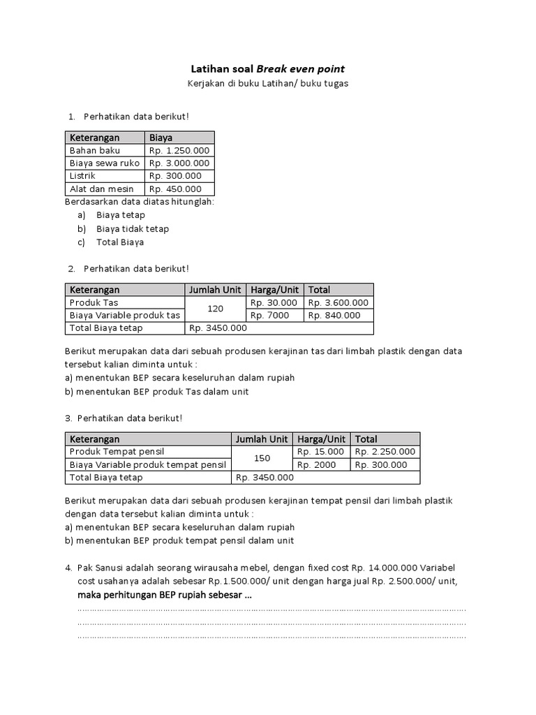 Kelas XI PKWU Latihan Soal BEP | PDF