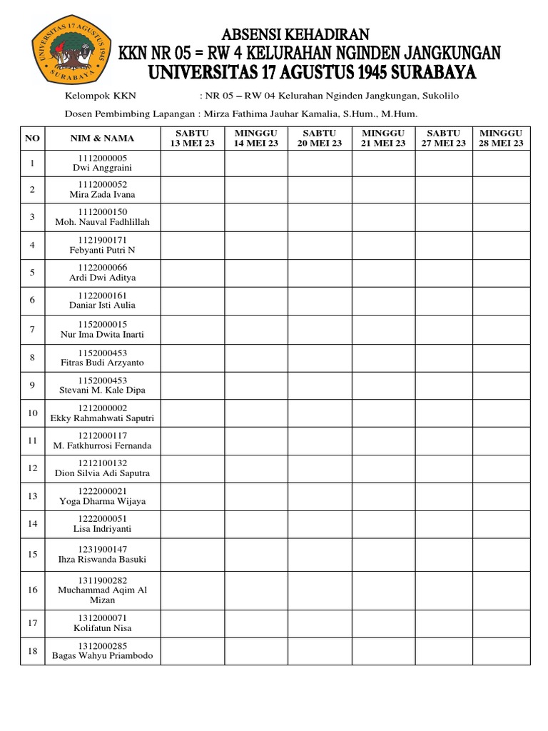Absensi KKN NR5 Nginden 1 | PDF