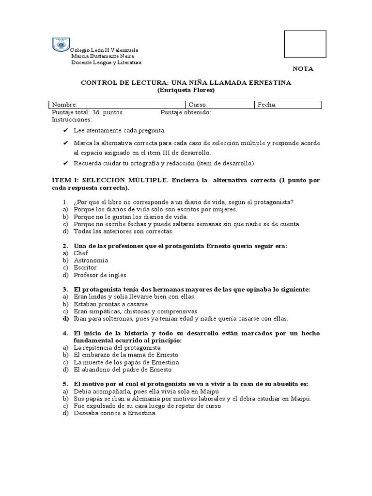 Evaluación Una Niña Llamada Ernestina | PDF