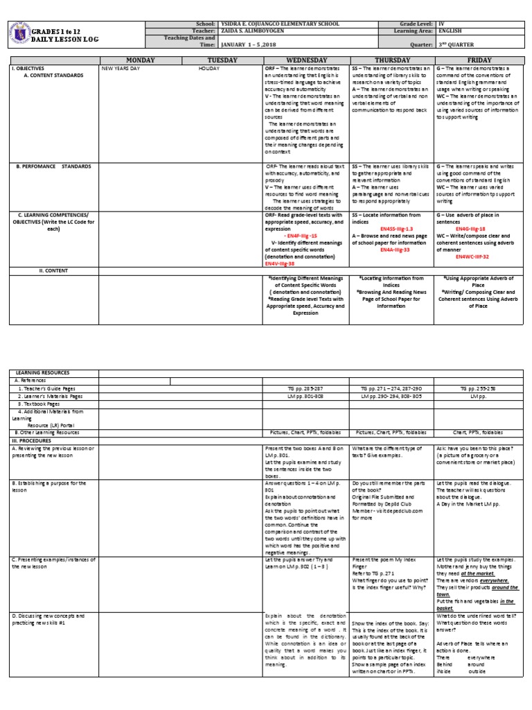 DLL - English 4 - Q3 - W8 | PDF | Word | Learning DLL - English 4 - Q3 - W8 | PDF | Word | Learning