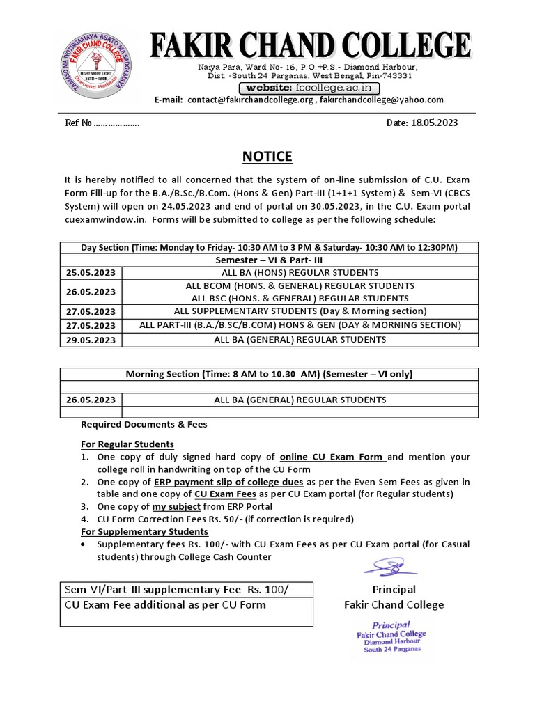 17-05-2023 - NOTICE For Sem VI CU Form Fillup | PDF