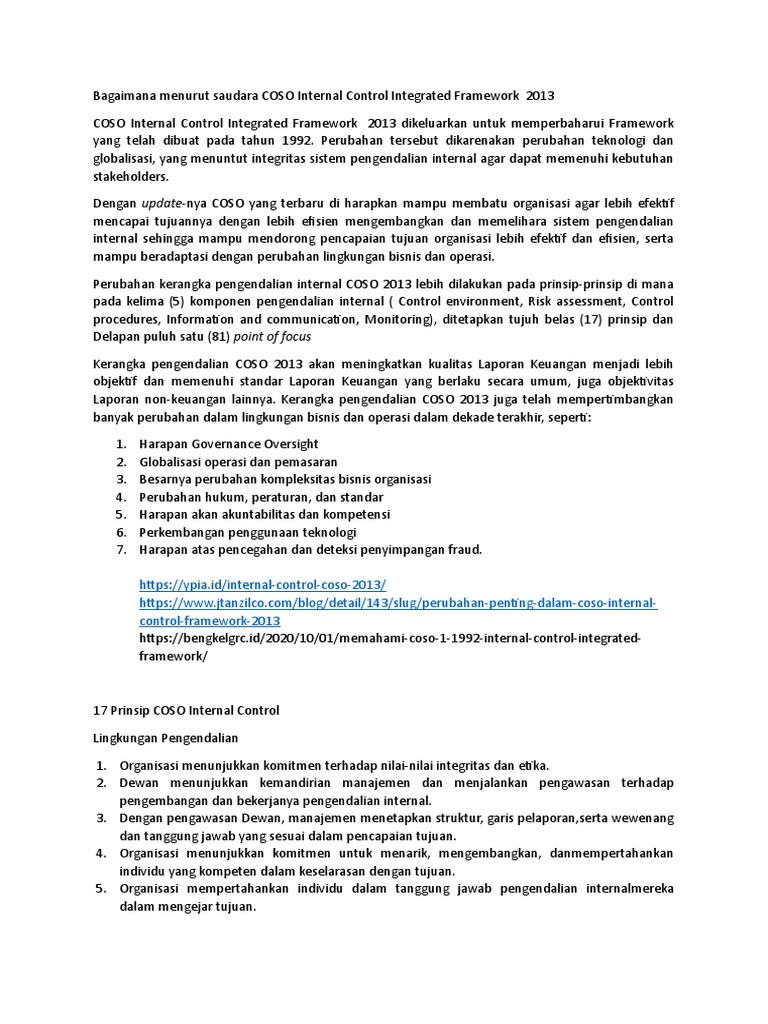 Bagaimana menurut saudara COSO Internal Control Integrated Framework 2013 | PDF