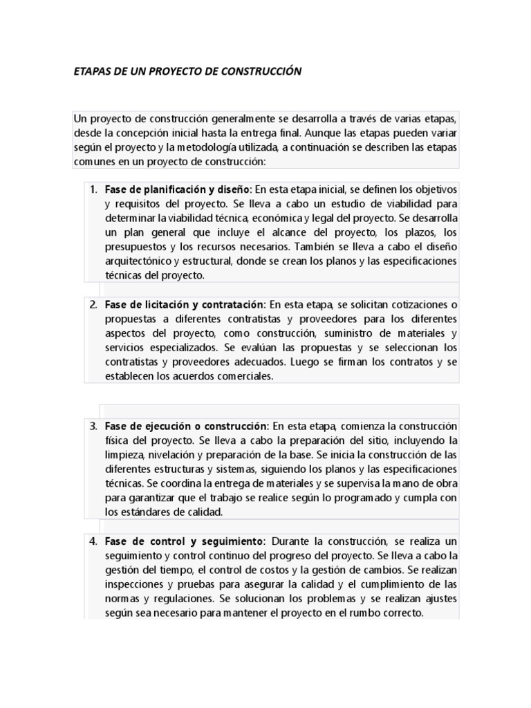 Etapas de Un Proyecto de Construcción | PDF | Diseño | Presupuesto