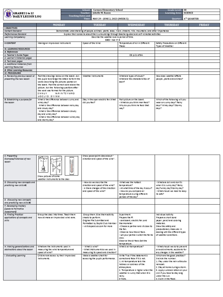 DLL - Science 3 - Q4 - W5 | PDF | Weather | Learning