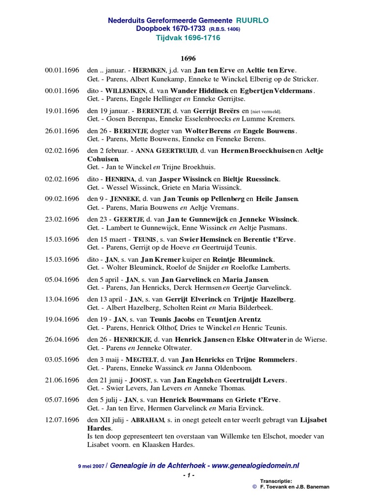 Ruurlo DPB 1696-1716 | PDF
