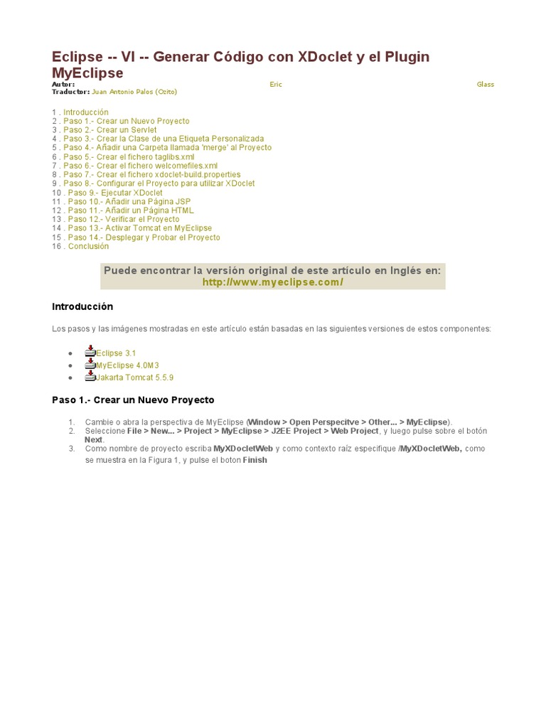 Eclipse VI Generar Código Con XDoclet y El Plugin MyEclipse | PDF | Desarrollo web | Hipertexto