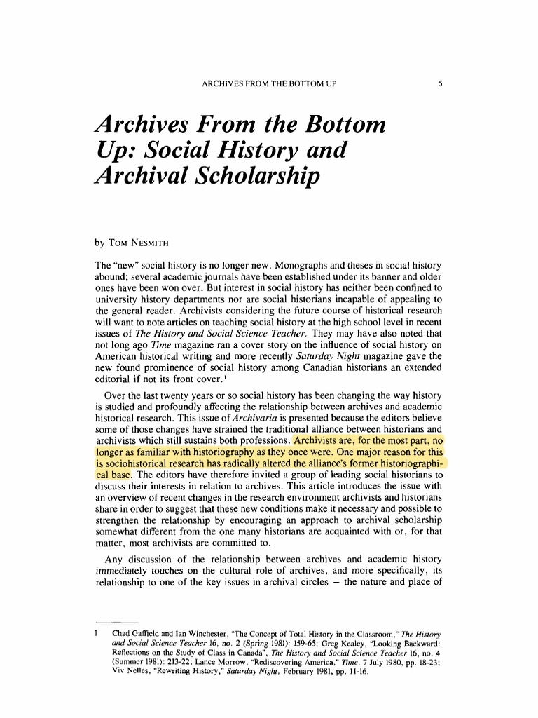 Nesmith, Tom. 1982. Archives From The Bottom Up. Social History and ...