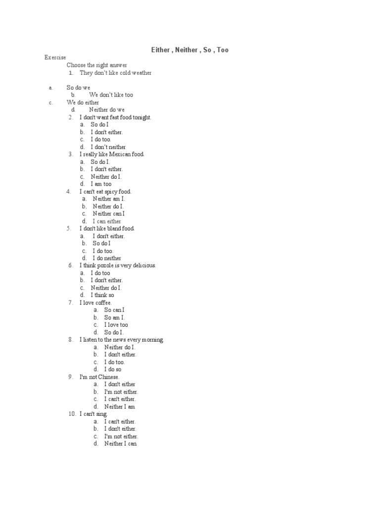 Latihan Either Neither, So, Too | PDF