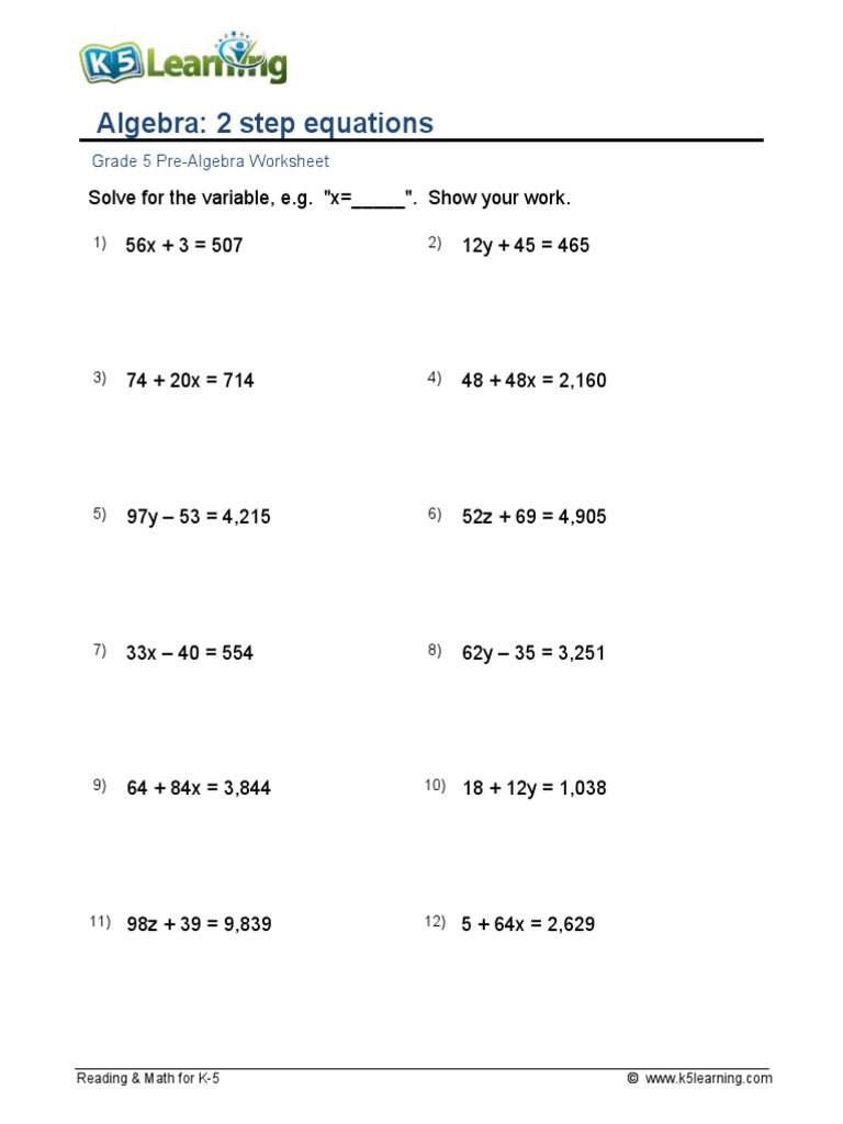 Grade 5 Two-Step Equations Worksheet | PDF