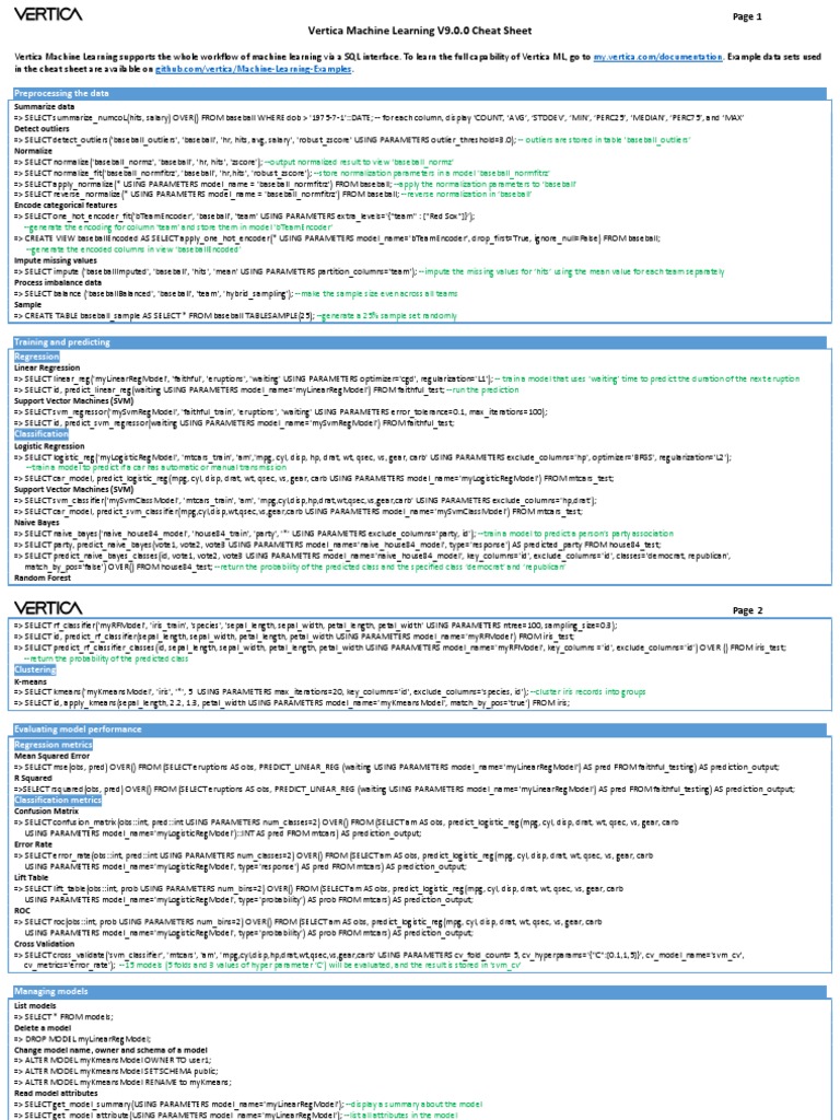 Vertica Machine Learning V9.0.0 Cheat Sheet: Preprocessing The Data ... Vertica Machine Learning V9.0.0 Cheat Sheet: Preprocessing The Data ...