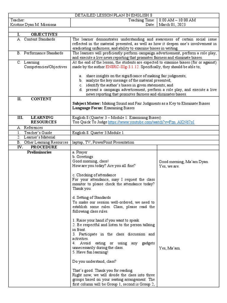 Detailed Lesson Plan in English 8 Examining Biases | PDF | Bias | Evidence