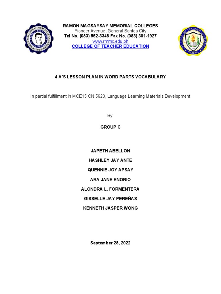 Group C Lesson Plan 4a's Word Part | PDF | Word | Linguistics