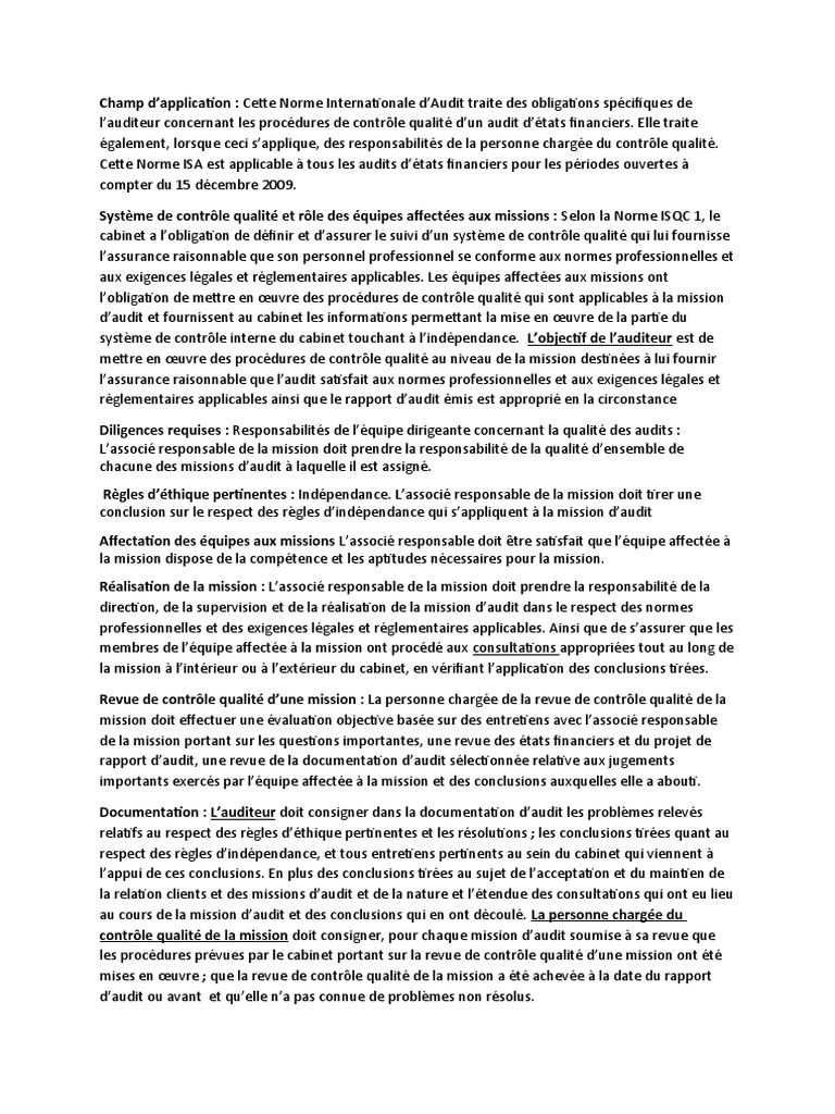 Norme ISA 220 : Contrôle qualité des audits | PDF | Audit | Business
