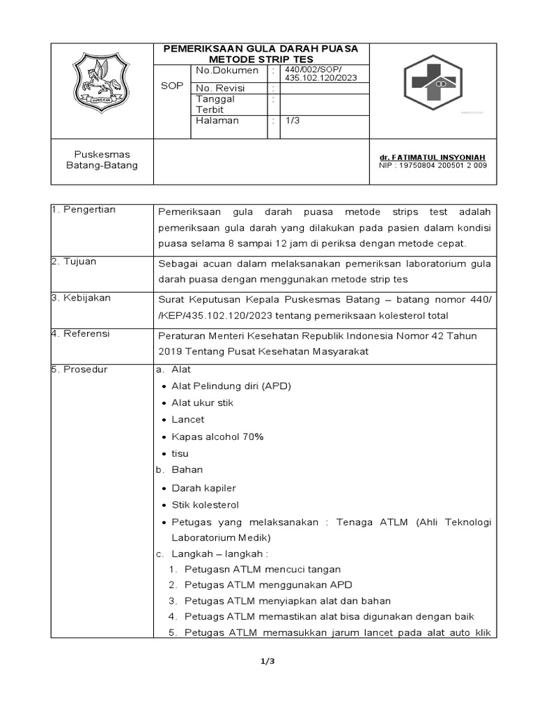 Sop Gula Darah Puasa Metode Strip Test 2023 | PDF