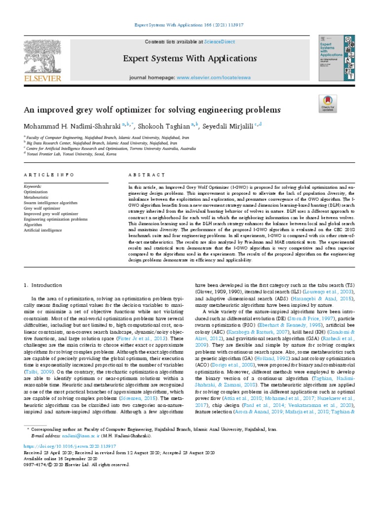 An Improved Grey Wolf Optimizer For Solving Engineering Problems Pdf Metaheuristic