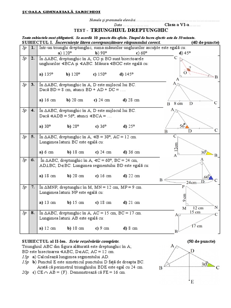 Test Triunghiul Dreptunghic Clasa 6 | PDF
