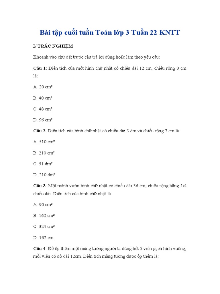 Bai Tap Cuoi Tuan Lop 3 Mon Toan KNTT Tuan 22 | PDF