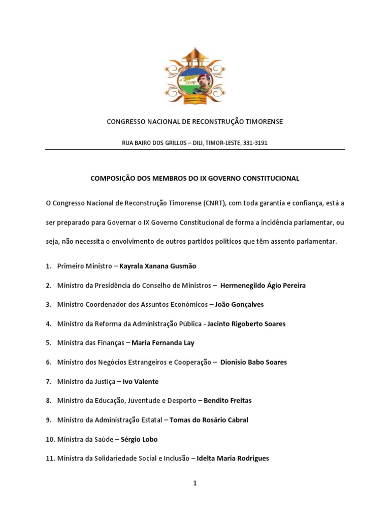 Composição Dos Membros Do Ix Governo Constitucional | PDF | Timor Leste ...