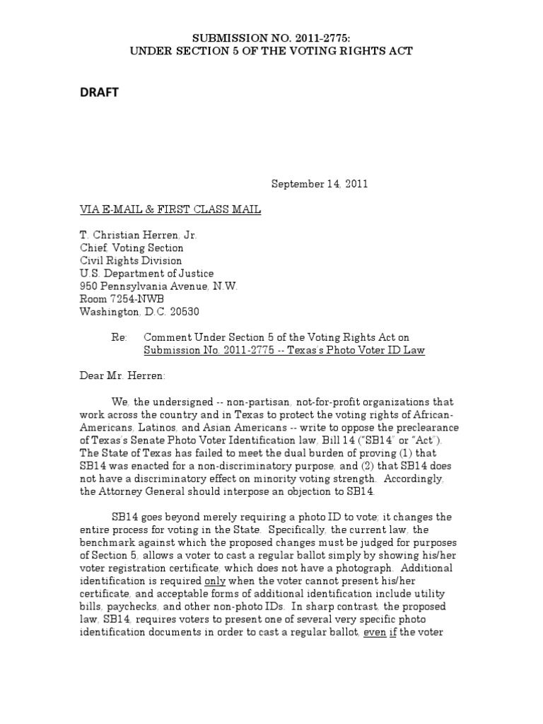 ACLU Letter To DOJ | PDF | Voting Rights Act Of 1965 | Voting Rights In ...