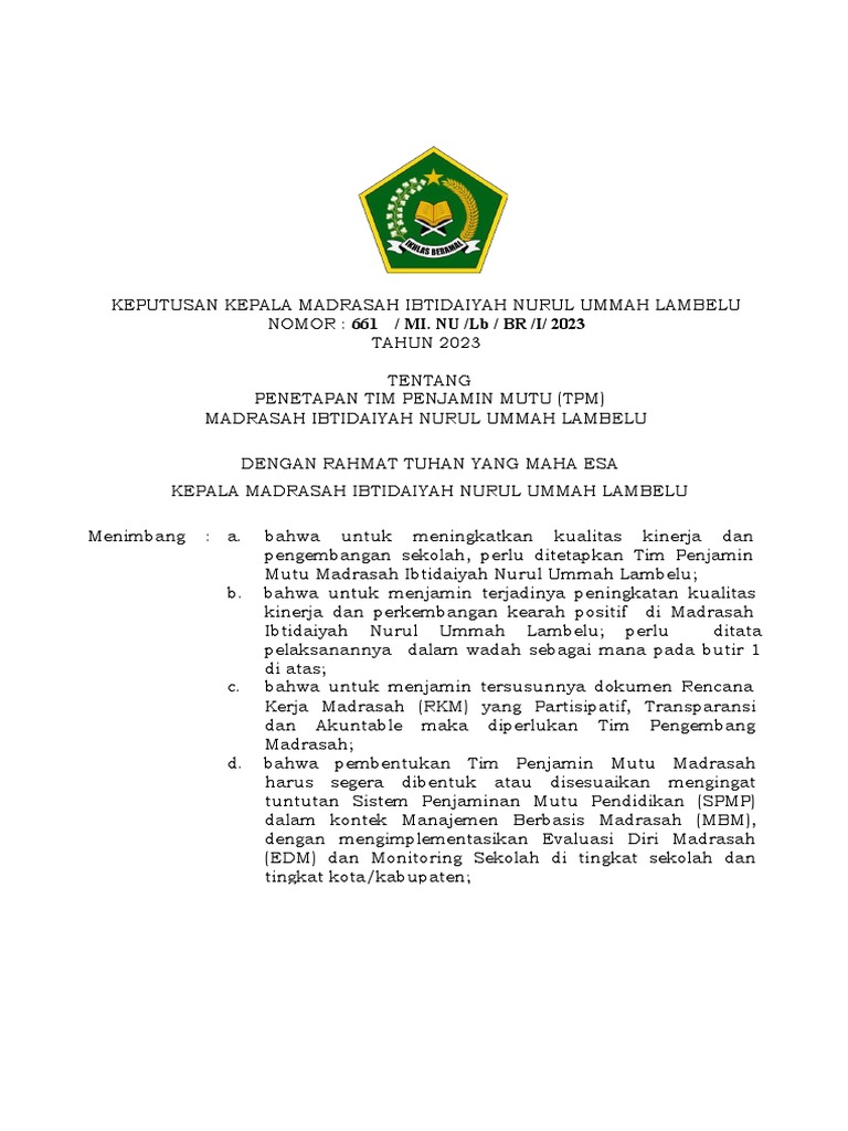 Penetapan Tim Penjamin Mutu MI Nurul Ummah | PDF