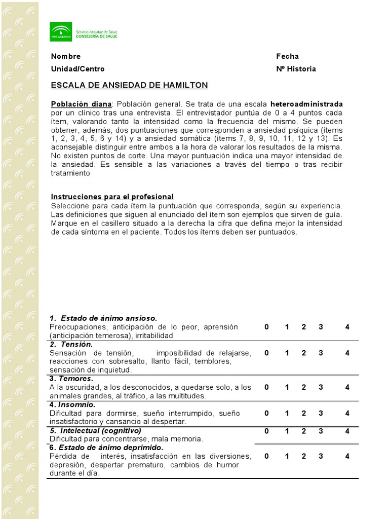 Escala de Ansiedad de Hamilton | PDF | Ansiedad | Medicina CLINICA