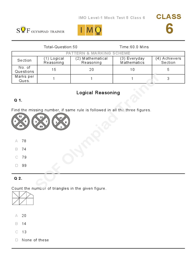 IMO Level1 Mock5 Class6 | PDF | Numbers | Mathematics