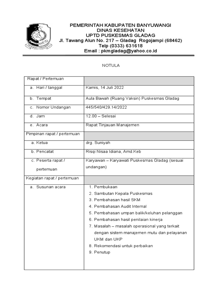 NOTULEN RAPAT TINJAUAN MANAJEMEN (RTM) Revisi | PDF