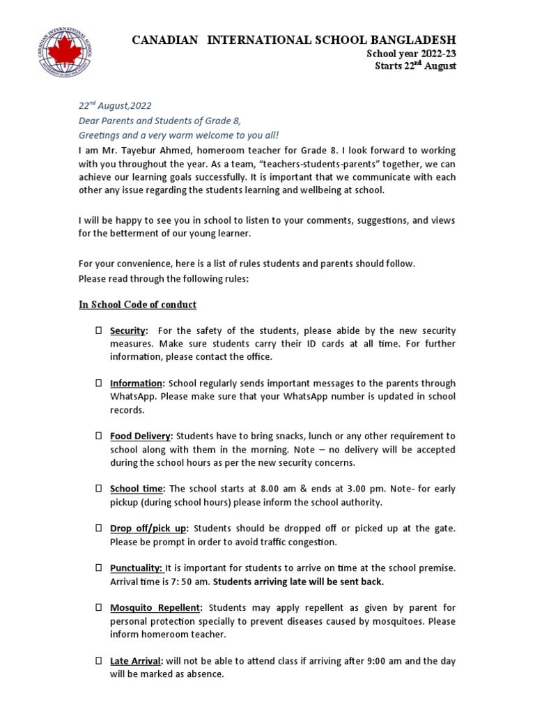 Grade 8 WELCOME LETTER 2022-23 | PDF | Academic Integrity | Teachers