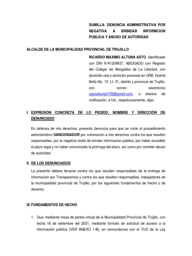 Denuncia Administrativa | PDF | Justicia | Crimen y violencia