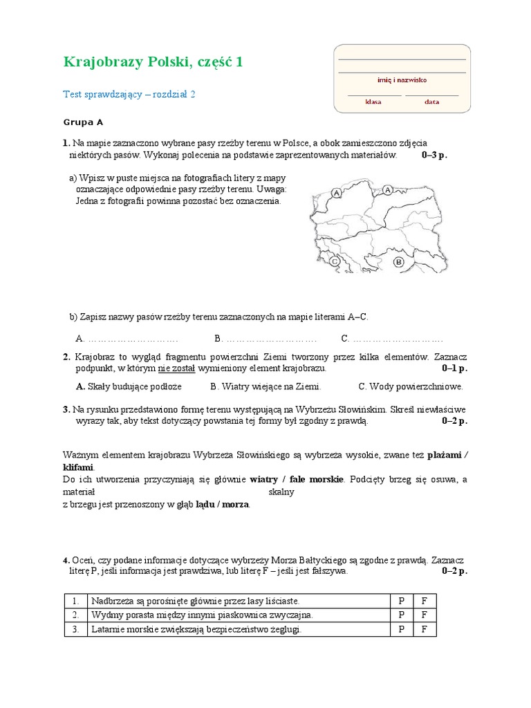 Test Sprawdzajacy Z Rozdzialu Krajobrazy Polski cz1 | PDF