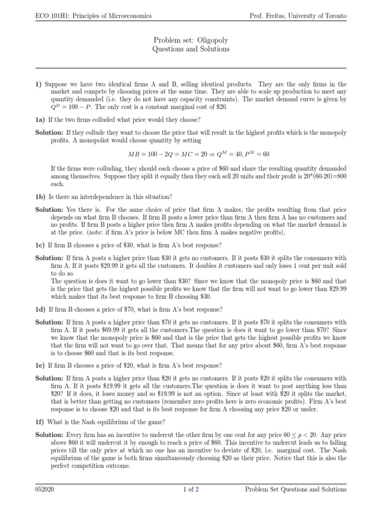 ECO101 Problem Set 12 Oligopoly | PDF | Profit (Economics) | Economic Equilibrium