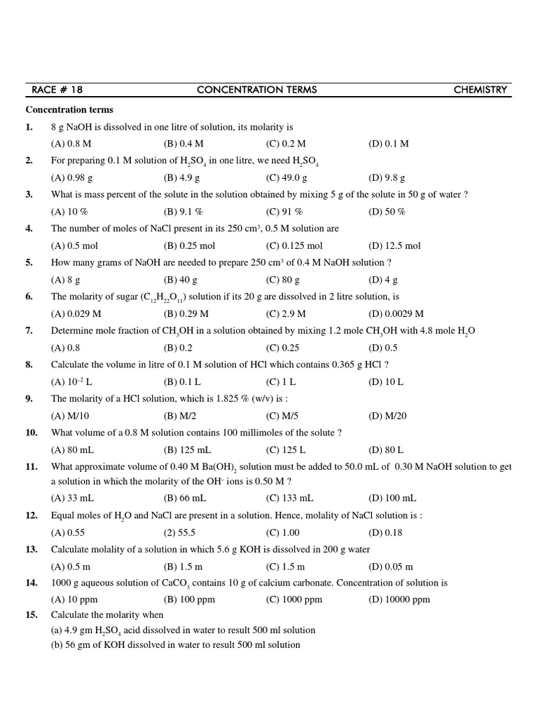 Race-18 - Concentration Terms | PDF | Mole (Unit) | Mass Concentration ...