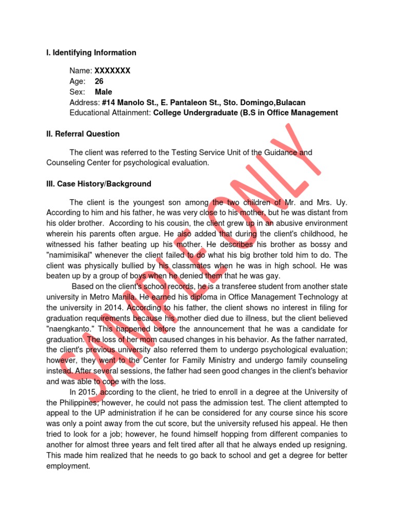 Psychological Test Report Sample | PDF | Psychotherapy | Paranoia