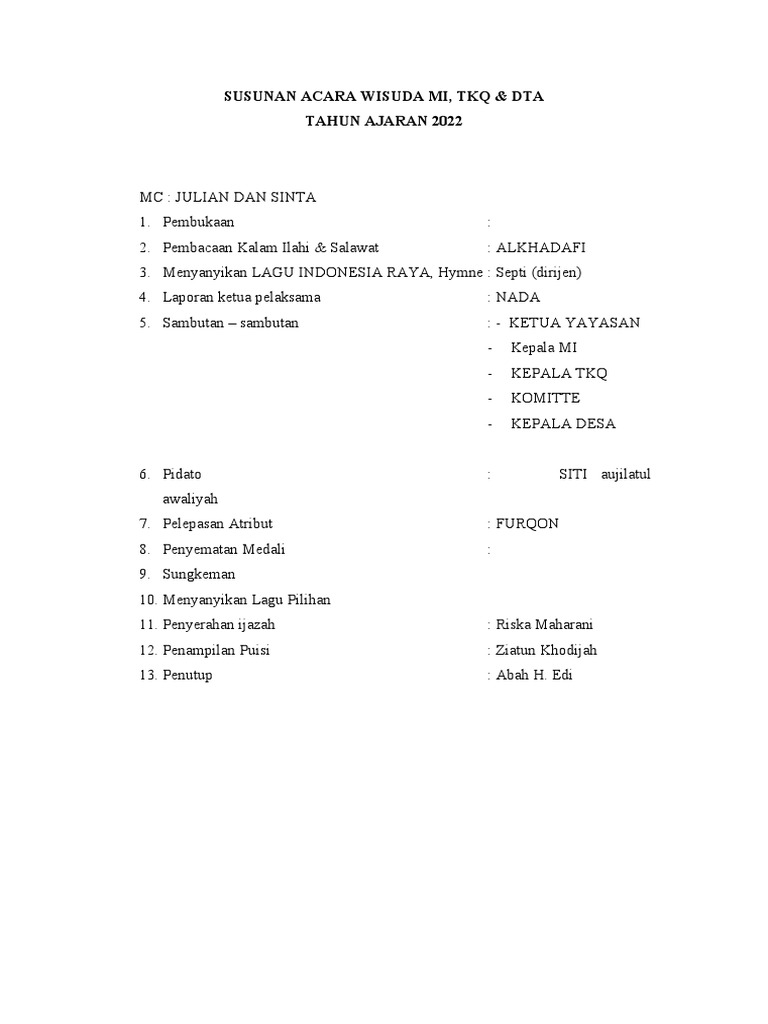 Susunan Acara Wisuda MI dan TKQ 2022 | PDF