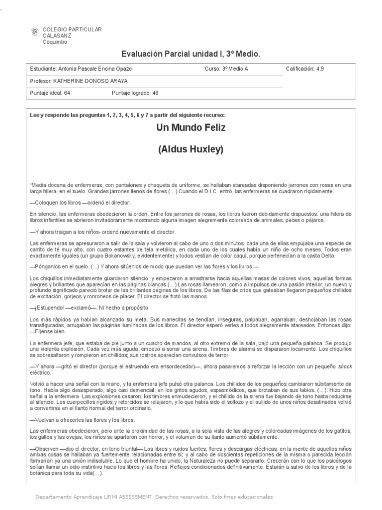 Evaluacion Parcial Unidad I 3o Medio 5414800 | PDF | Amor | Narración