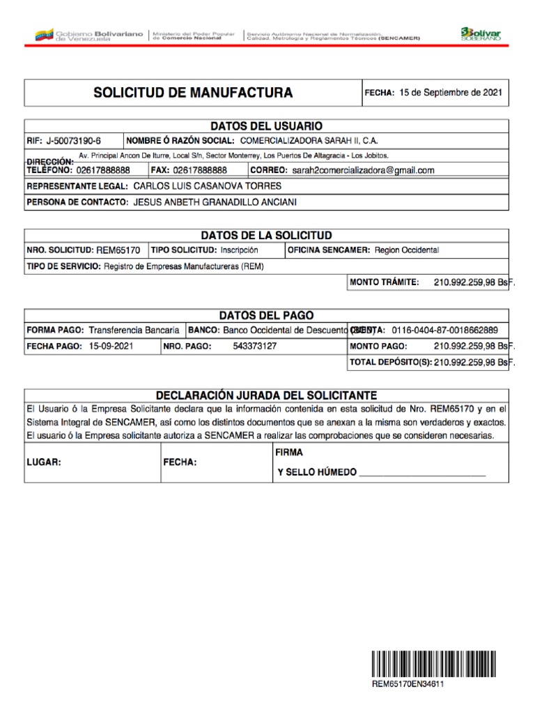 Planilla Solic. Rem. Comercializadora Sarah II, C.A. | PDF