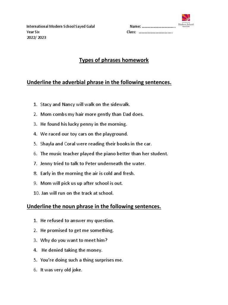 Types of Phrases Homework (1-3-2023) - 2 | PDF