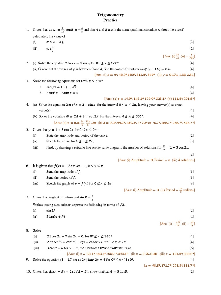 Trigonometry Practice | PDF | Trigonometric Functions | Elementary Mathematics