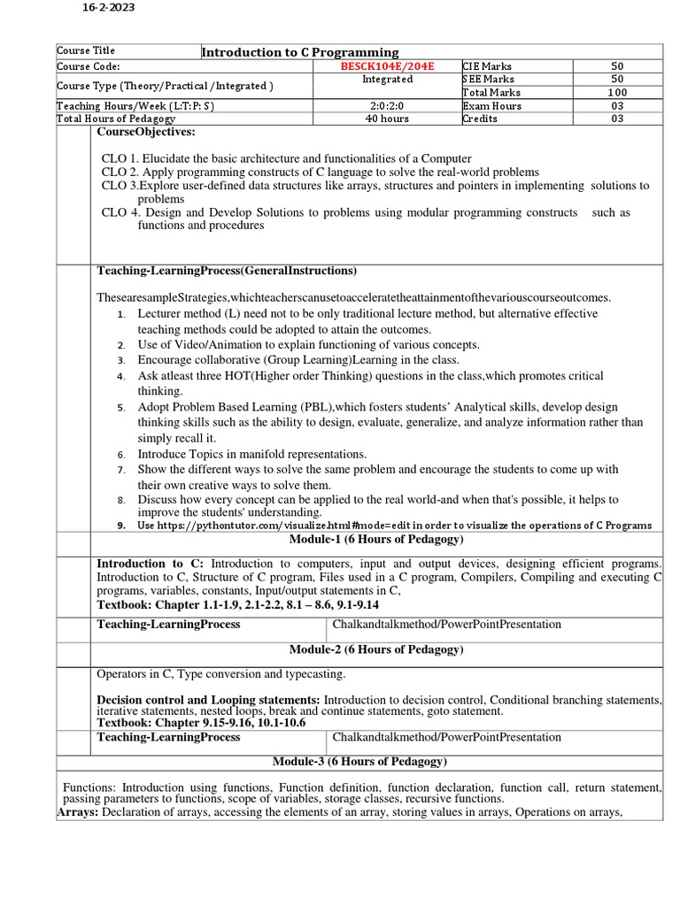 BESCK104EIntroduction To C Programming | PDF | C (Programming Language) | Control Flow