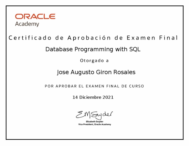 Certificado Oracle Database Programming With Sql Tyto Giron Pdf