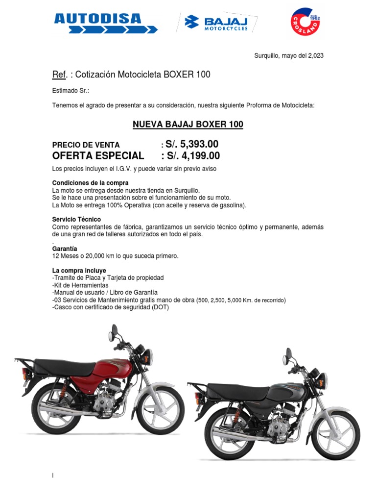 COTIZACIÓN_MOTO BOXER 100 | PDF | Motocicleta | Tecnologías automotrices