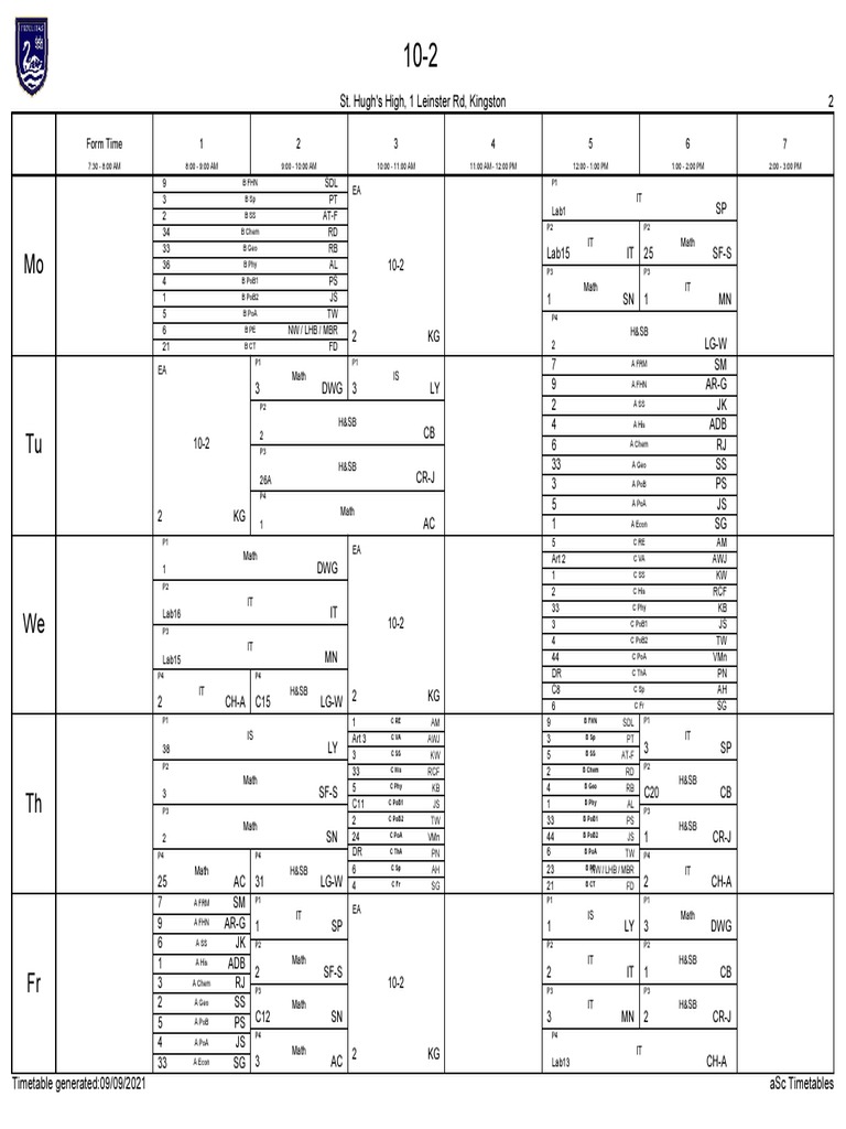 St. Hugh's High School Timetable | PDF