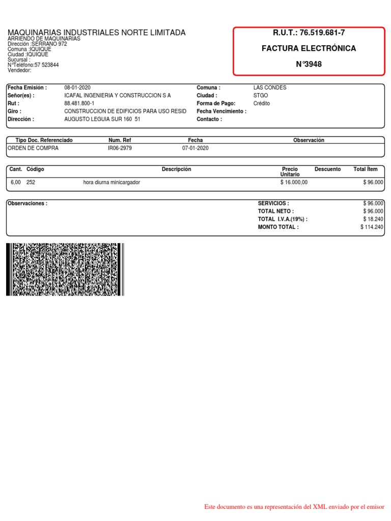 Maquinarias Industriales Norte Limitada: R.U.T.: 76.519.681-7 Factura Electrónica N°3948 | PDF