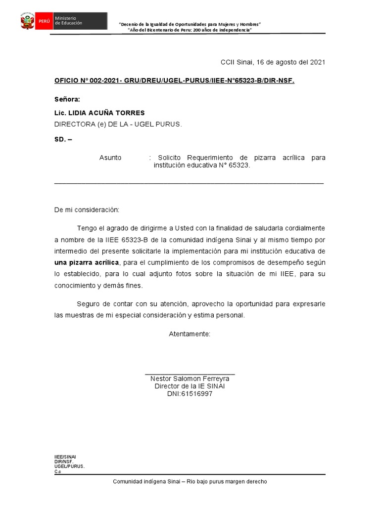 Oficio Simple Requerimiento Pizarra | PDF