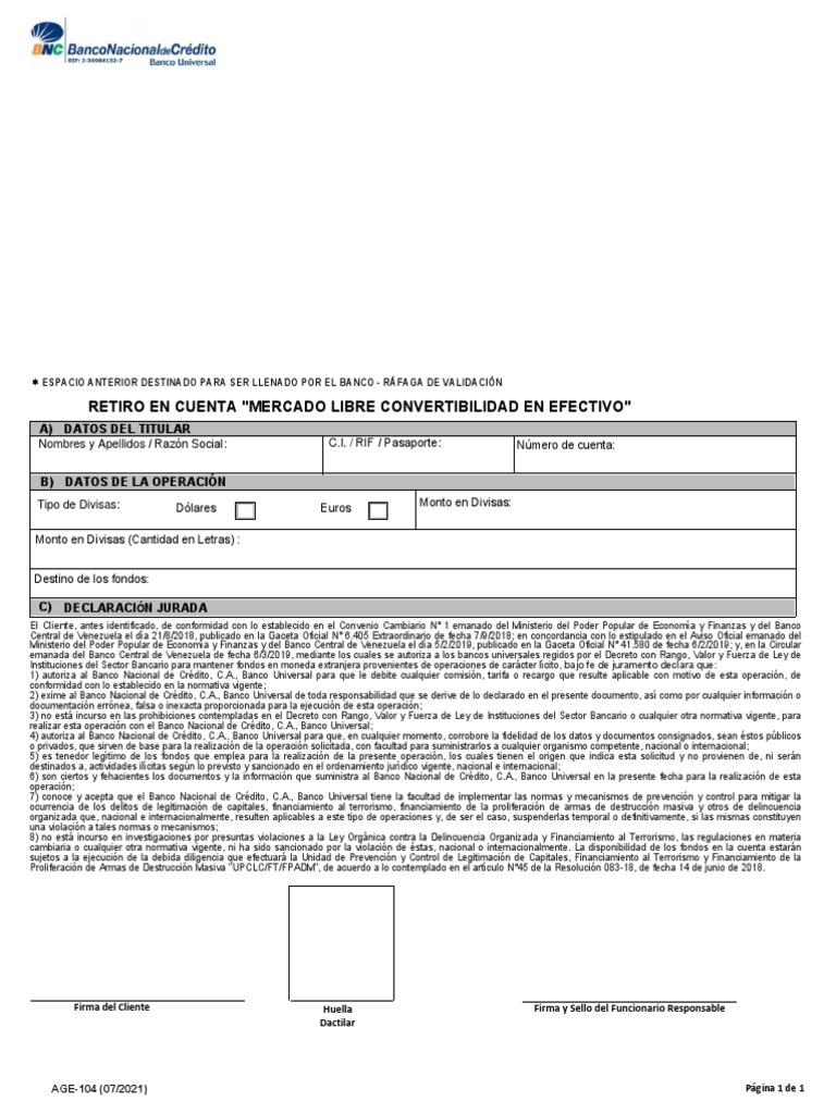 BNC 7 Planilla de Retiro Libre Convertibilidad | PDF | Bancos | Lavado de dinero