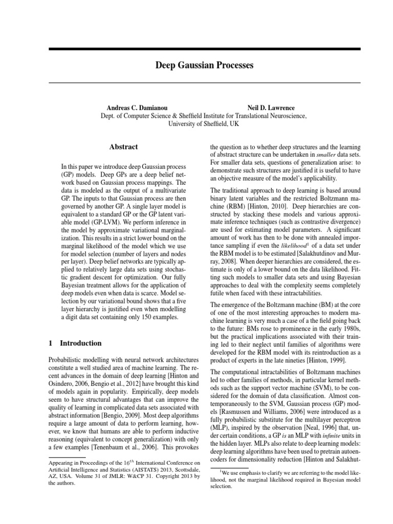 Damianou, Lawrence - 2013 - Deep Gaussian Processes | PDF | Bayesian Network | Normal Distribution